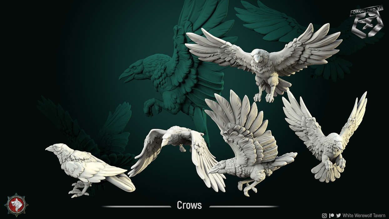 Pack of 5 crows, 75mm - ForgeLord.3D Fantasy Miniatures