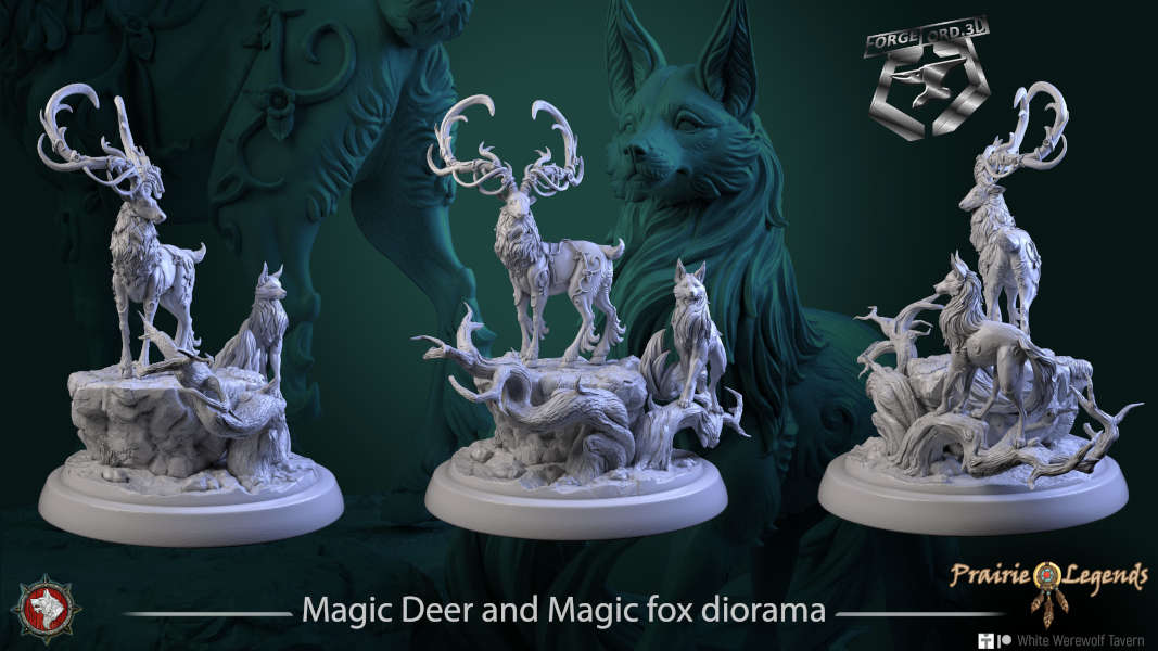 Magic Deer and Magic fox diorama, 75mm - ForgeLord.3D Fantasy Miniatures